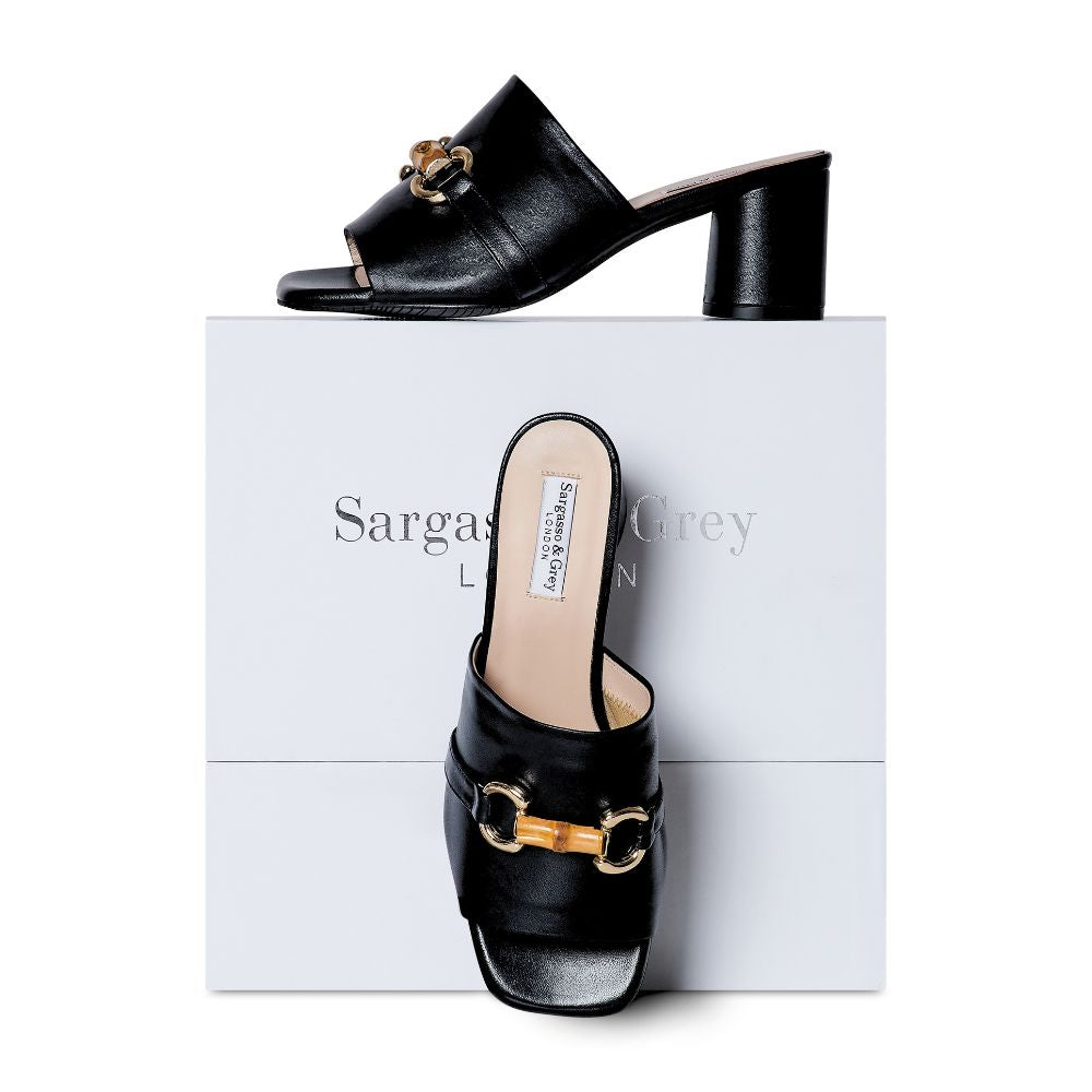 Extra-wide Width Black Leather Snaffle Heeled Mules – Sargasso and Grey