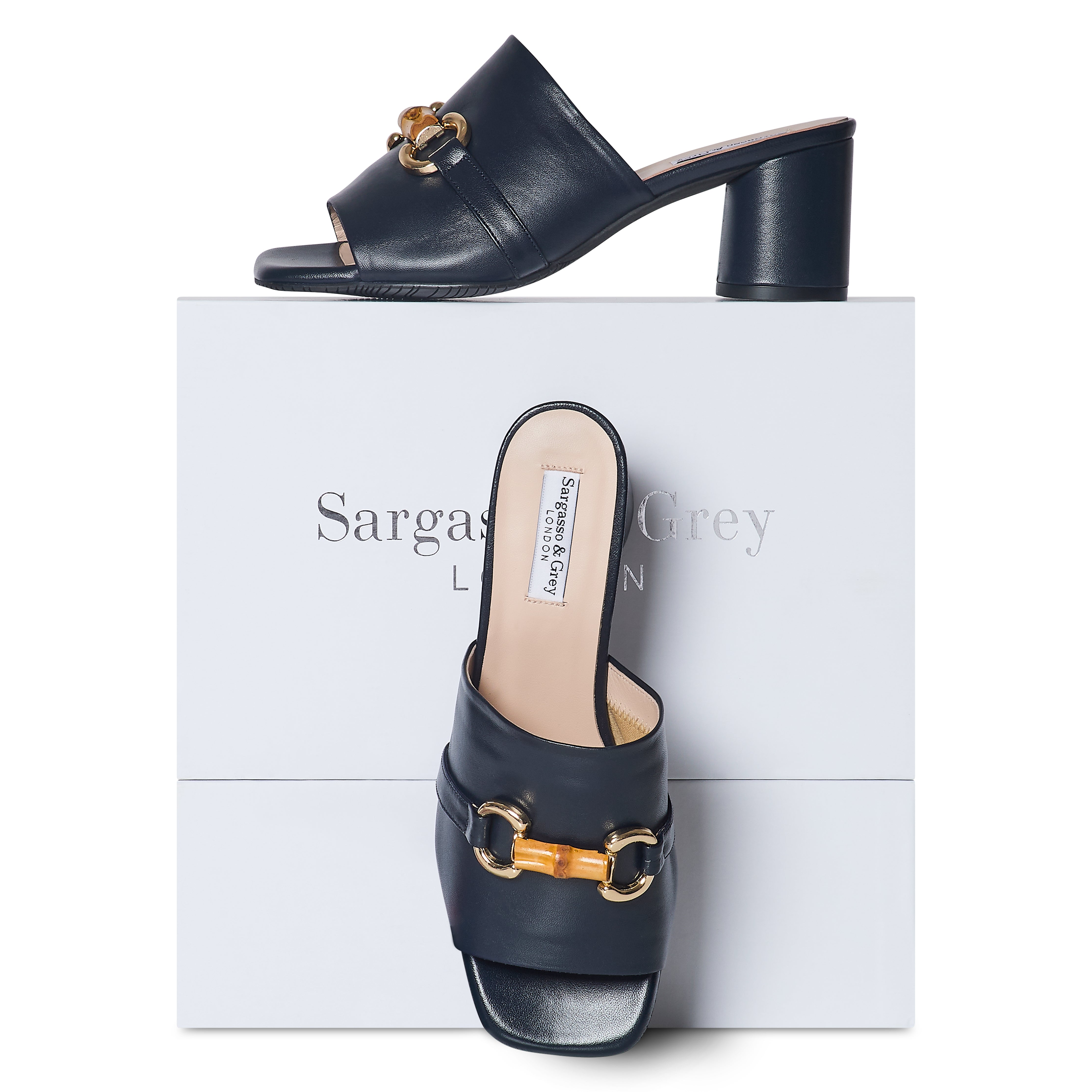 Extra-wide Width Navy Leather Snaffle Heeled Mules – Sargasso and Grey USA