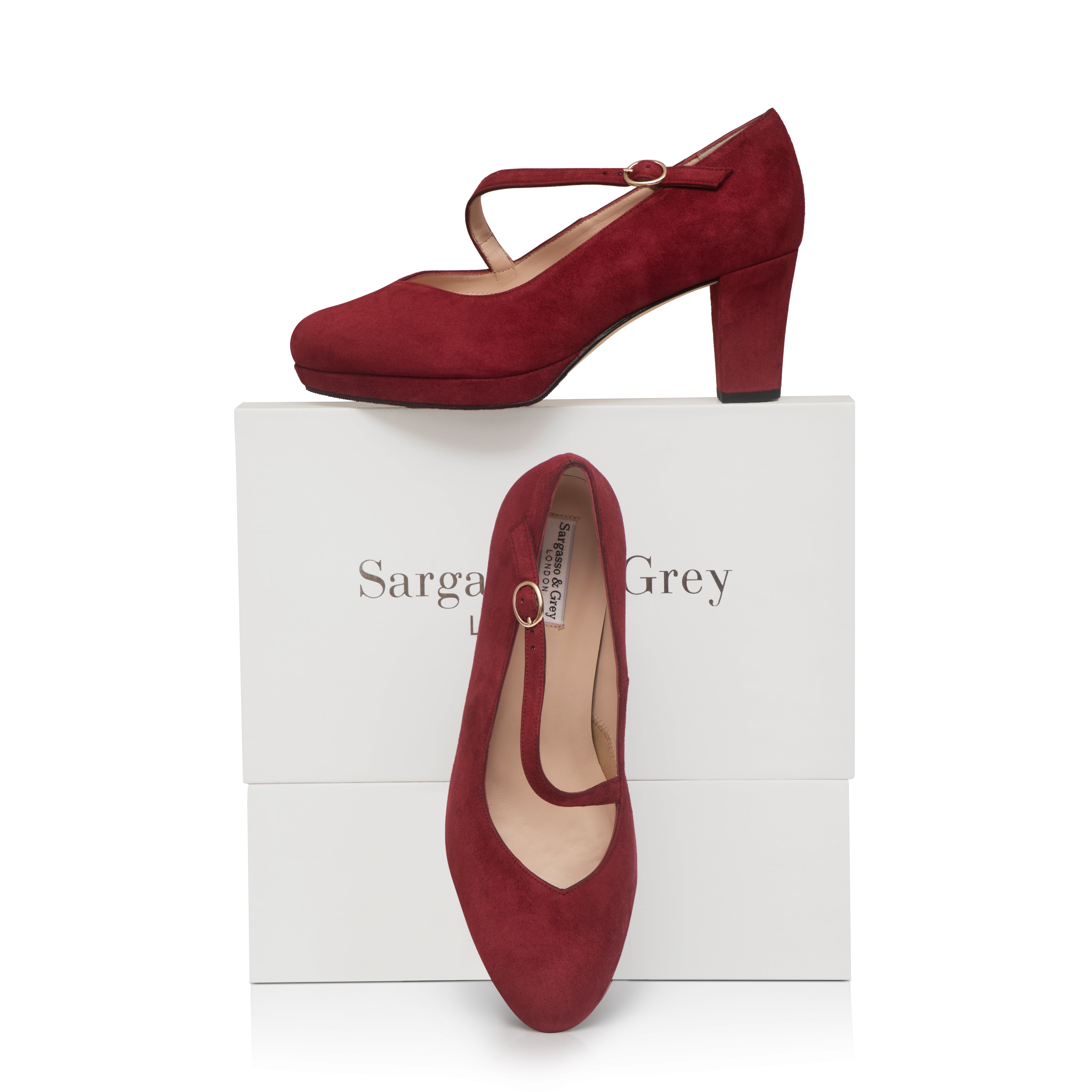 Wide Width Claret Suede Platform Mary Janes – Sargasso and Grey
