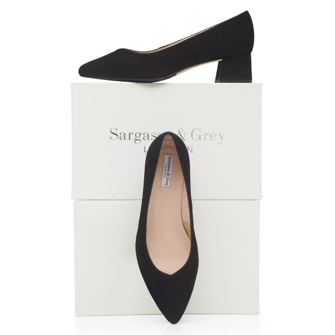 Extra-wide Width Black Suede Low Block Heel pumps – Sargasso and Grey USA